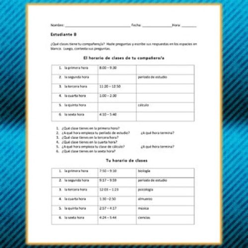 Spanish Time La hora and Classes Speaking Paired Activity