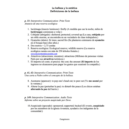 La belleza y la estética Vocabulary for AP Spanish: Vista Higher ...