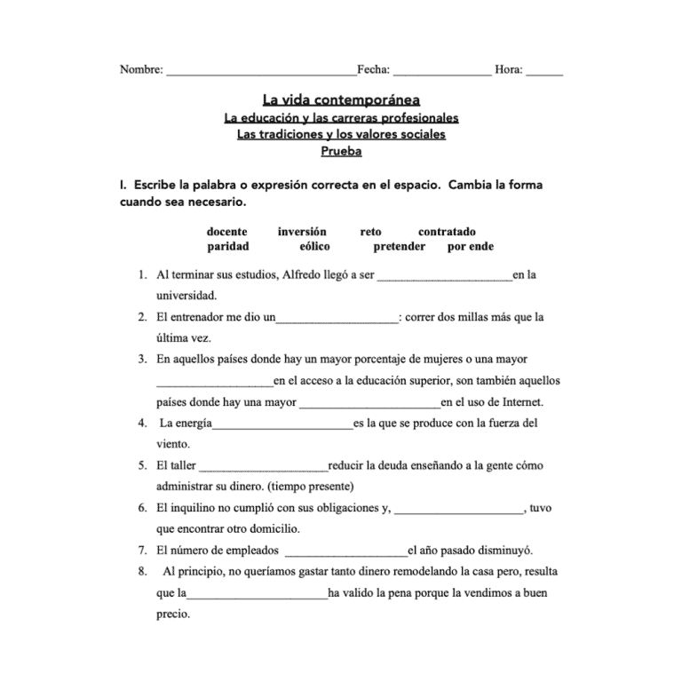 AP Spanish Vocabulary for La vida contemporánea for Vista Higher ...