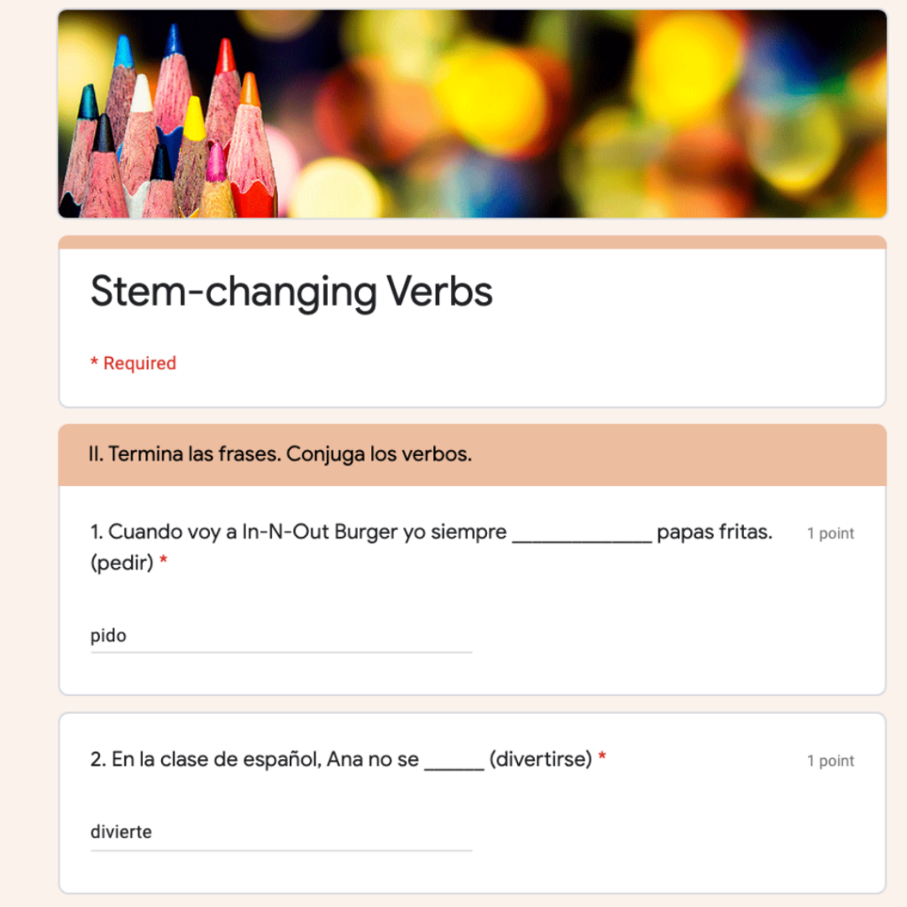 Stem-changing Verbs Present Tense in Spanish Google Forms Activity ...