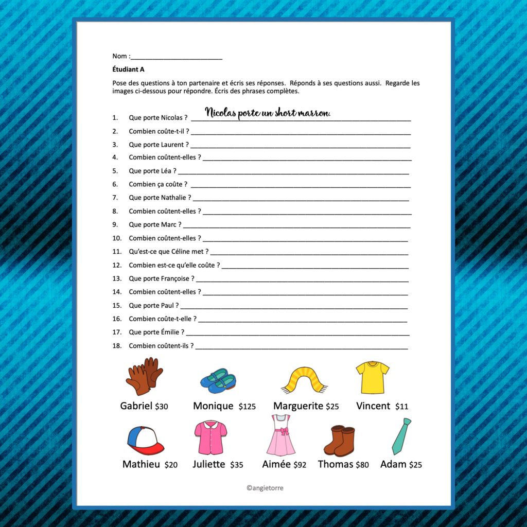 French Clothing Les vêtements Paired Speaking Activity Distance ...