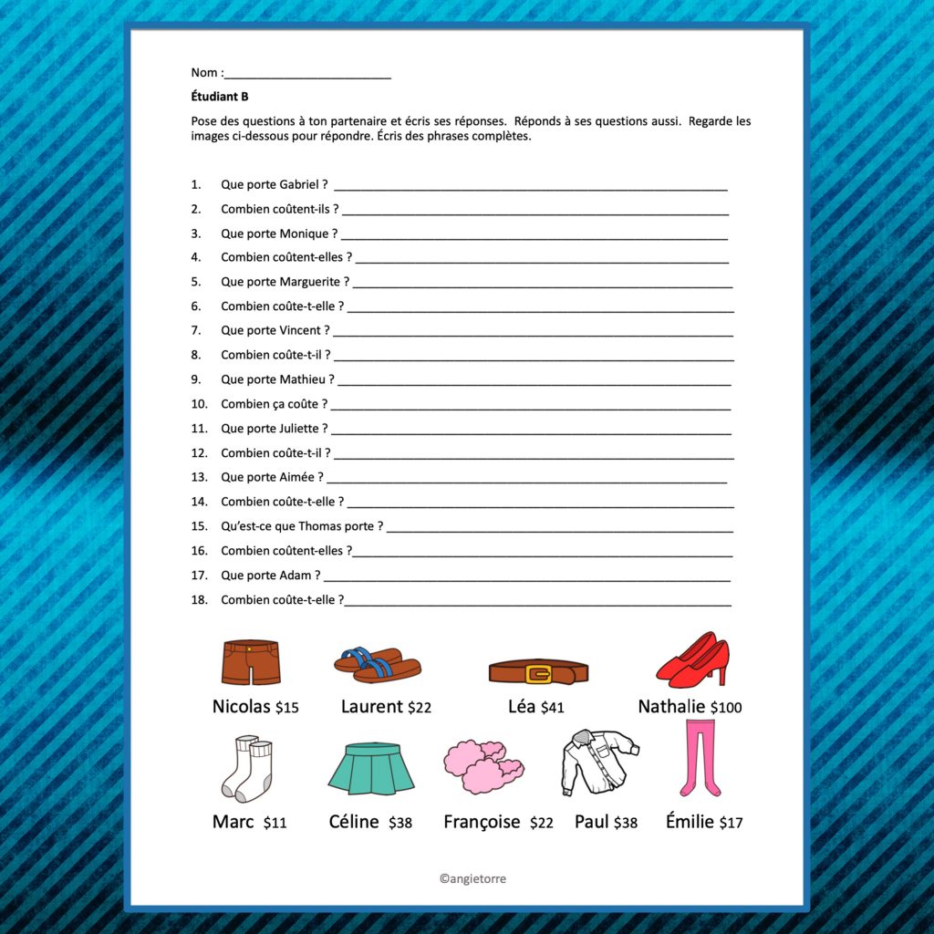 French Clothing Les vêtements Paired Speaking Activity Distance ...