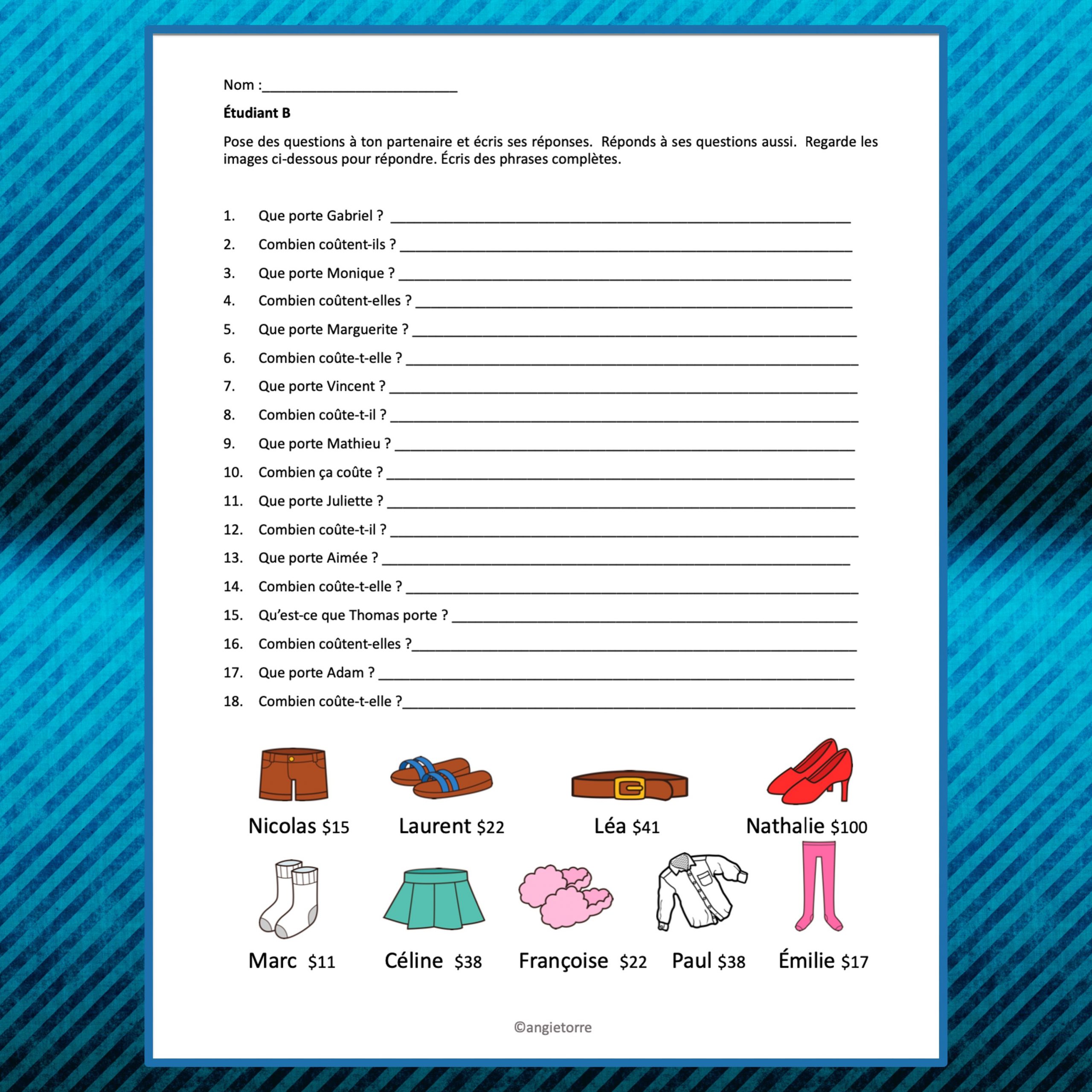 French Clothing Les vêtements Paired Speaking Activity Distance ...