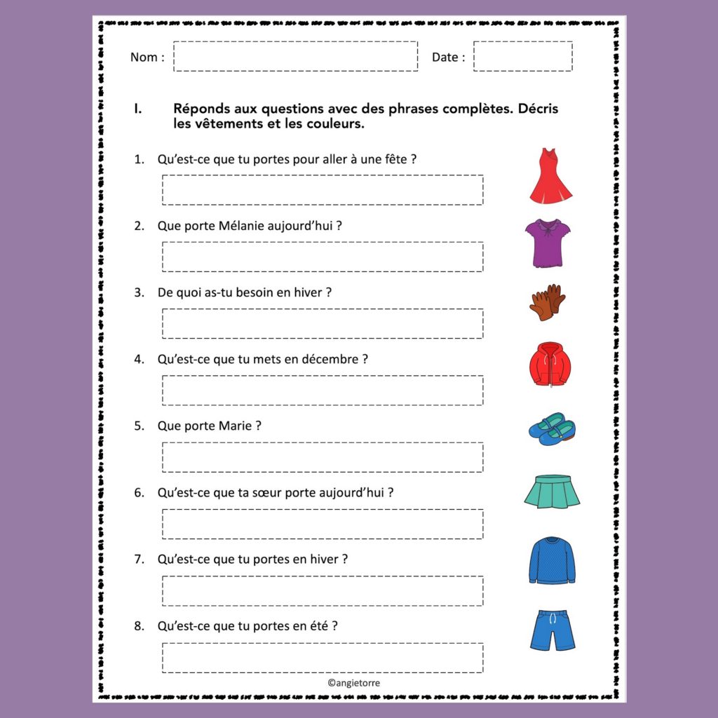 Les vêtements French Clothing Digital and Printable Activities | Tests ...