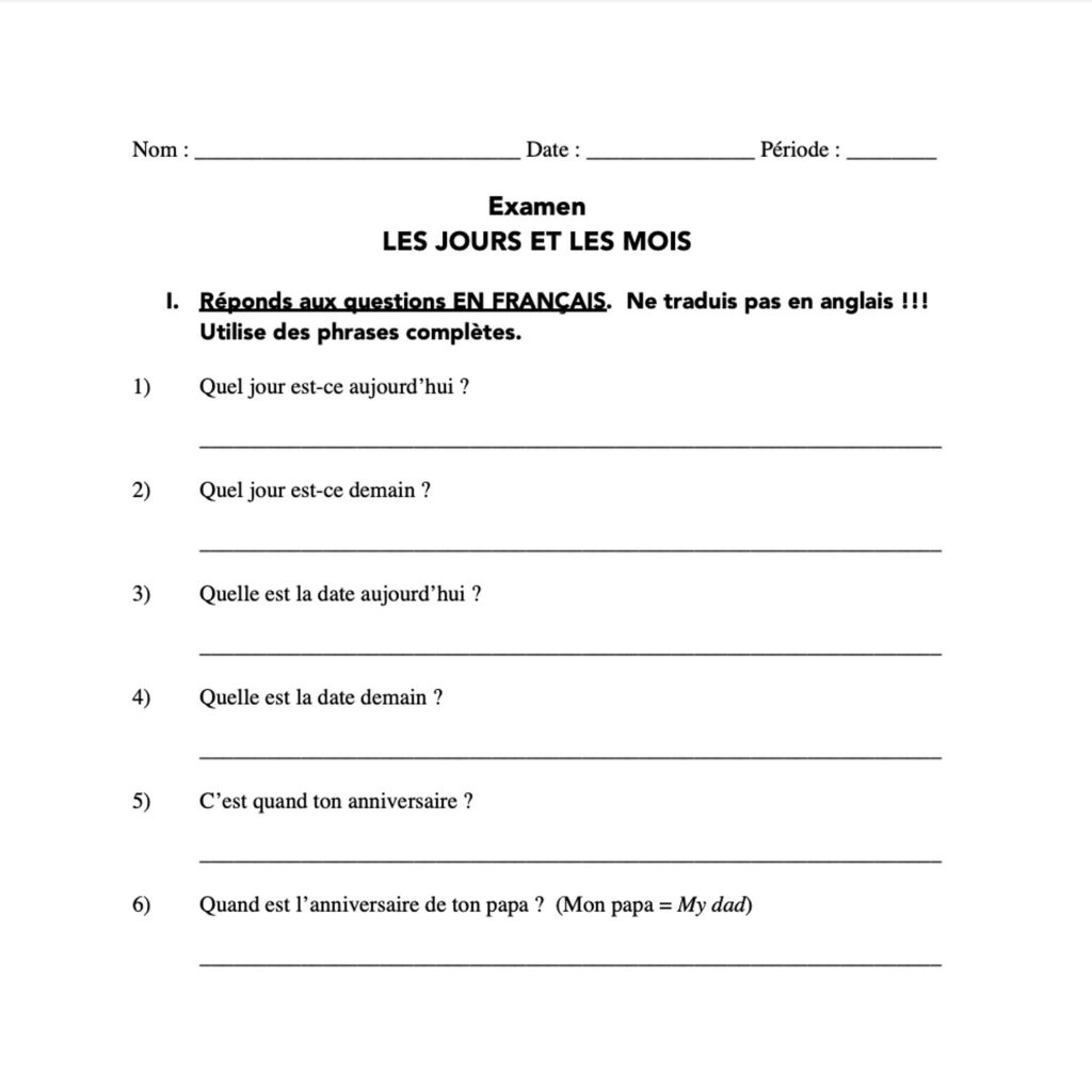 French Days And Months Les Jours Et Mois Digital And Printable Tests Activities Best