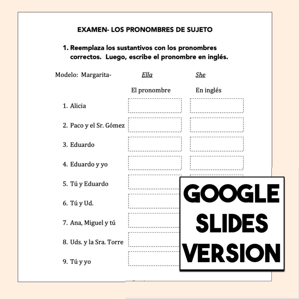 Spanish Subject Pronouns Tests Printable, Digital Google Slides ...
