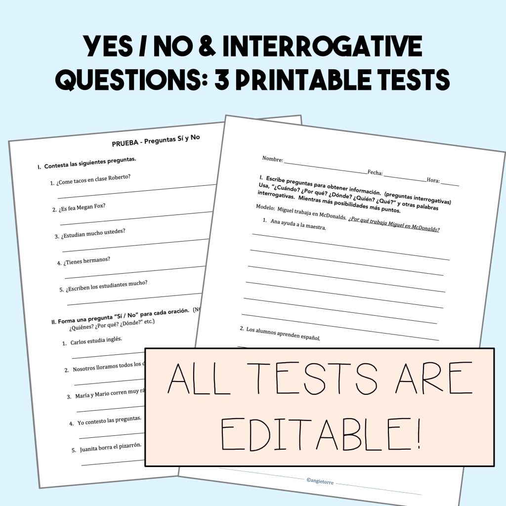 Spanish Question Words Tests, Interrogative Questions, 2 Verbs Print ...